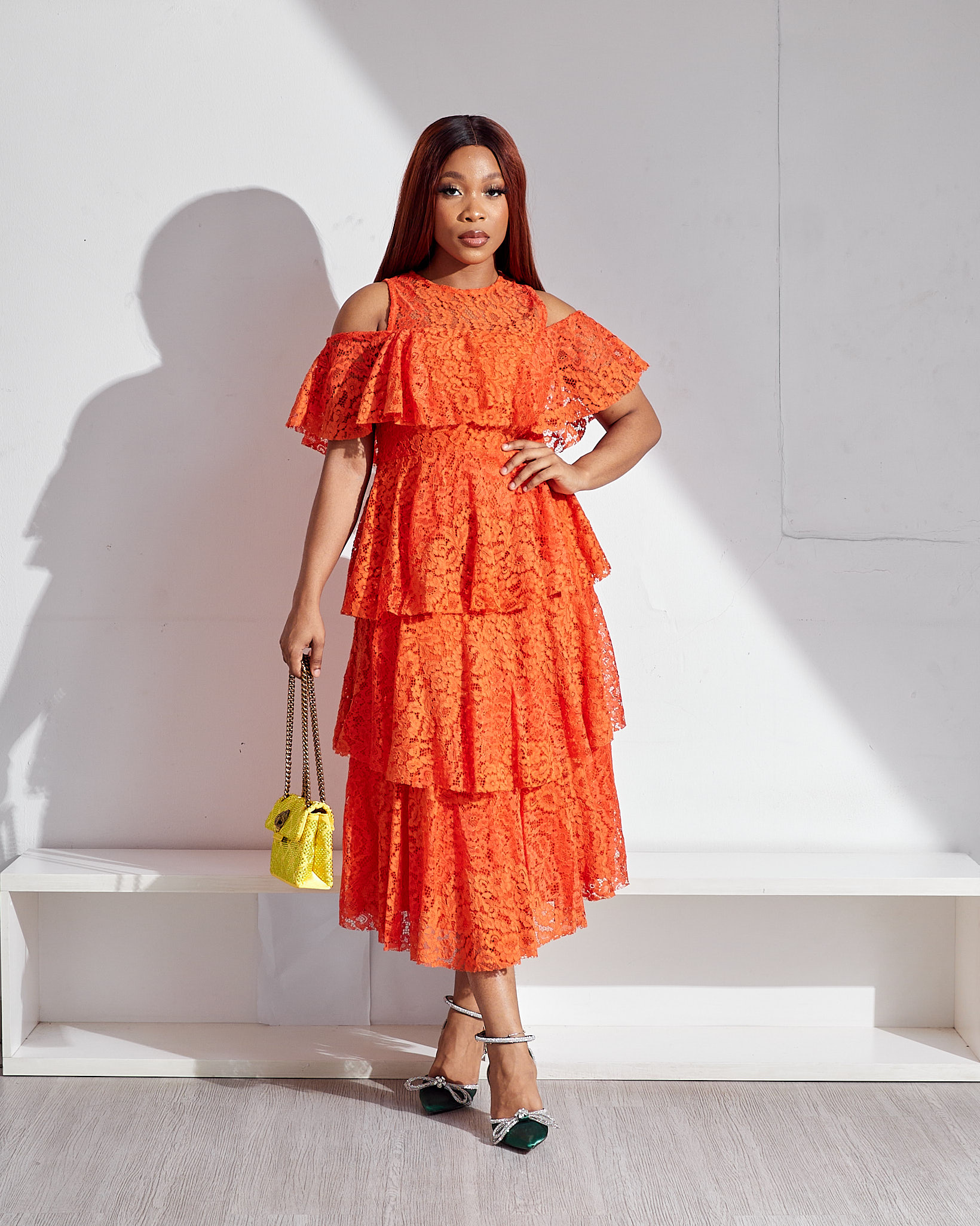 SASHES X HIDES TANGERINE CHANTILLY COLD SHOUDER LAYERED DRESS – Posh ...