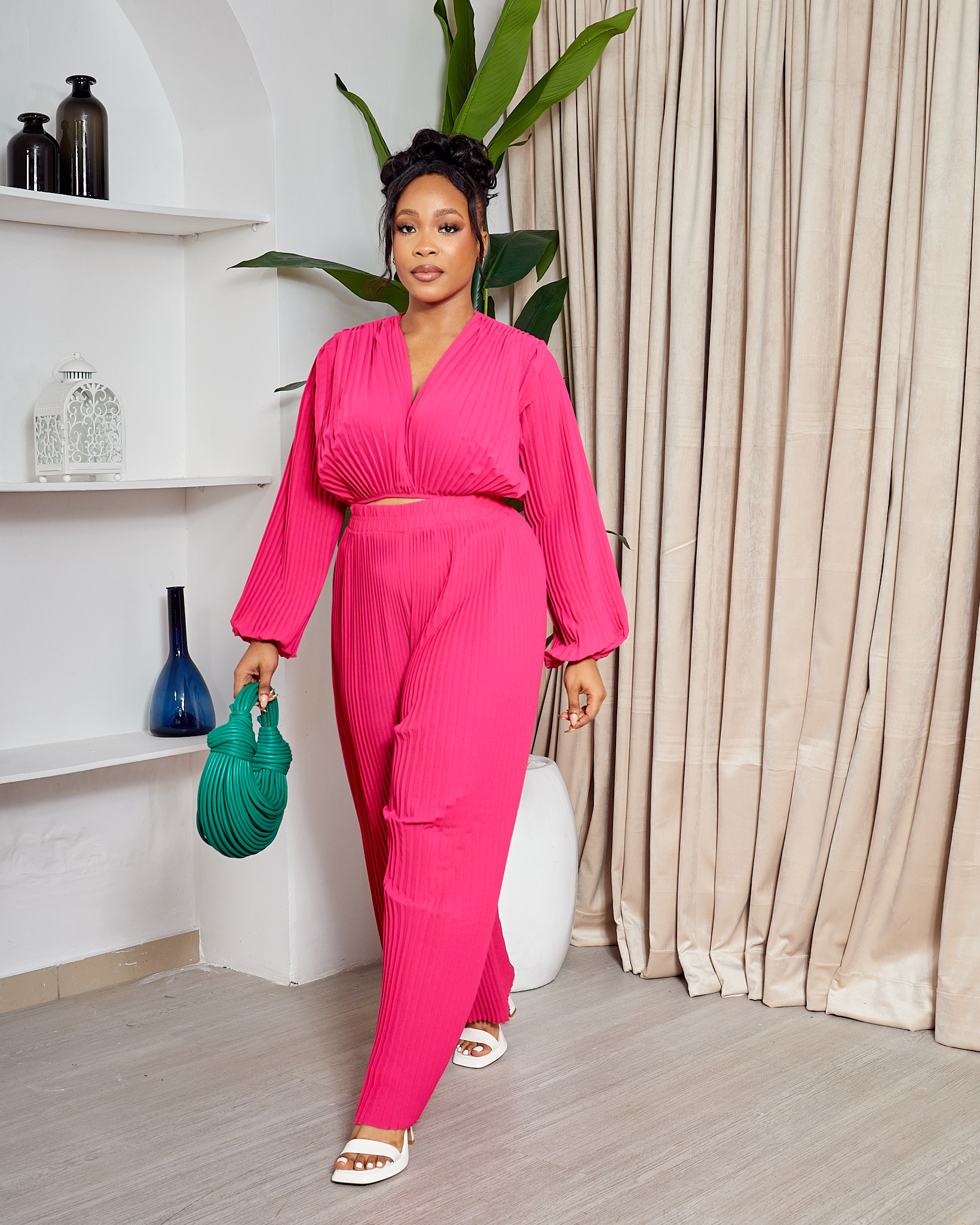 KIN FUSCHIA PLEATED SUIT SET - Posh Apparels