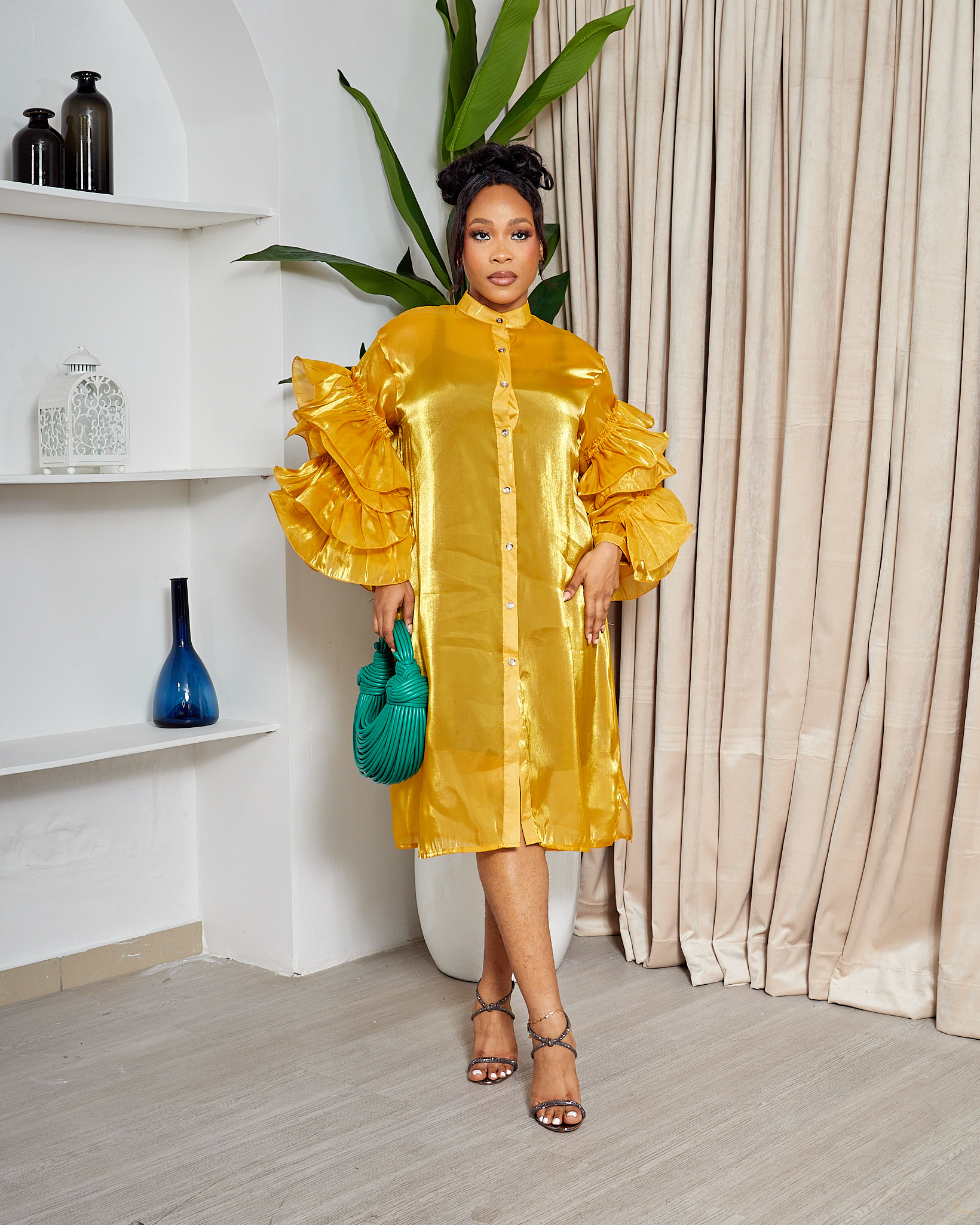 POG GOLD MERCURY RUFFLE SLEEVES SHIRT DRESS – Posh Apparels