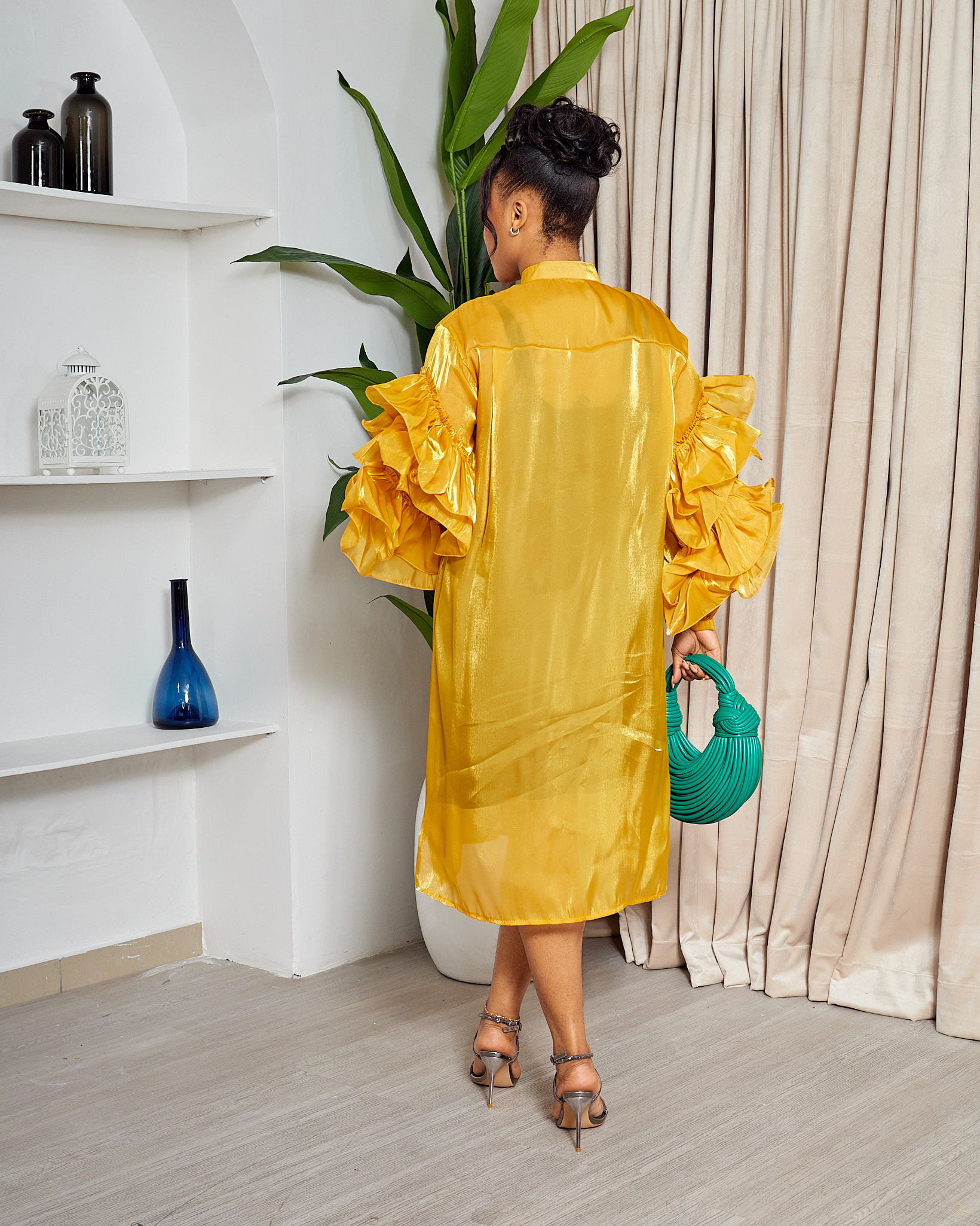 POG GOLD MERCURY RUFFLE SLEEVES SHIRT DRESS – Posh Apparels