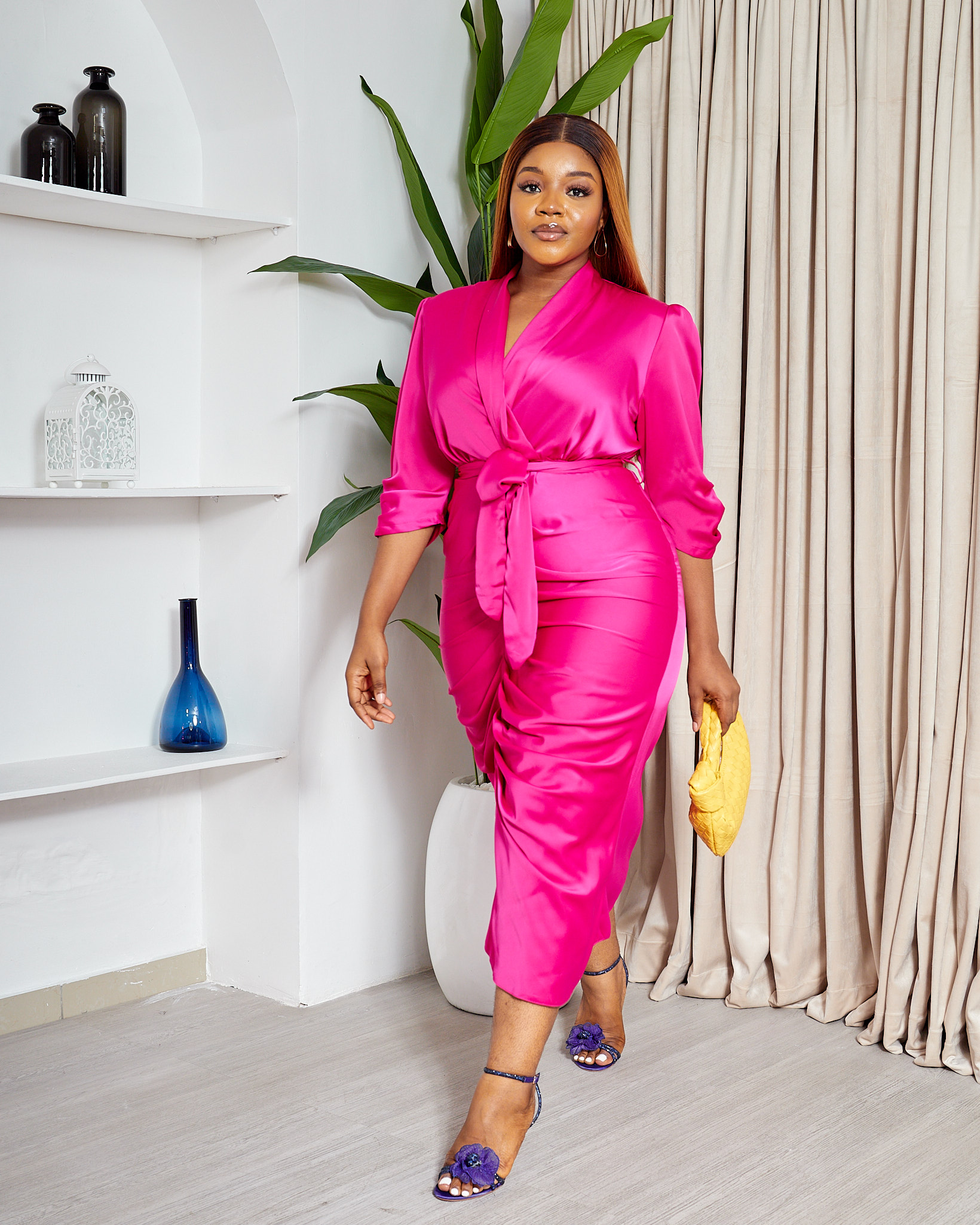 FERVEN MAGENTA SILK MID DRAPED WRAP MIDI DRESS - Posh Apparels