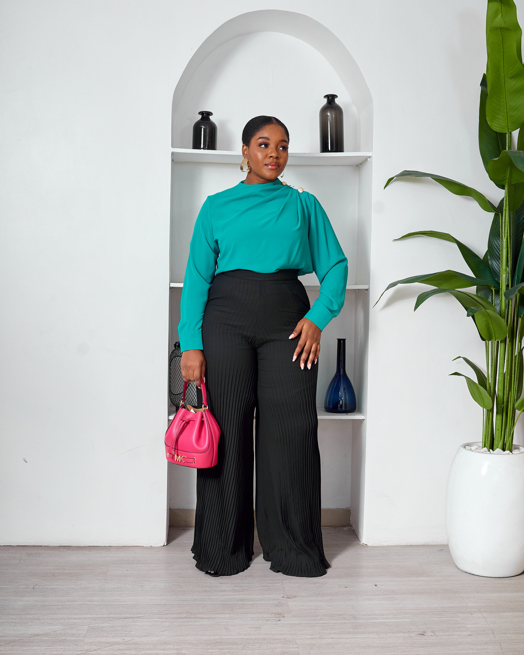 KEN GREEN BUTTONED SHOULDER DRAPED BLOUSE – Posh Apparels