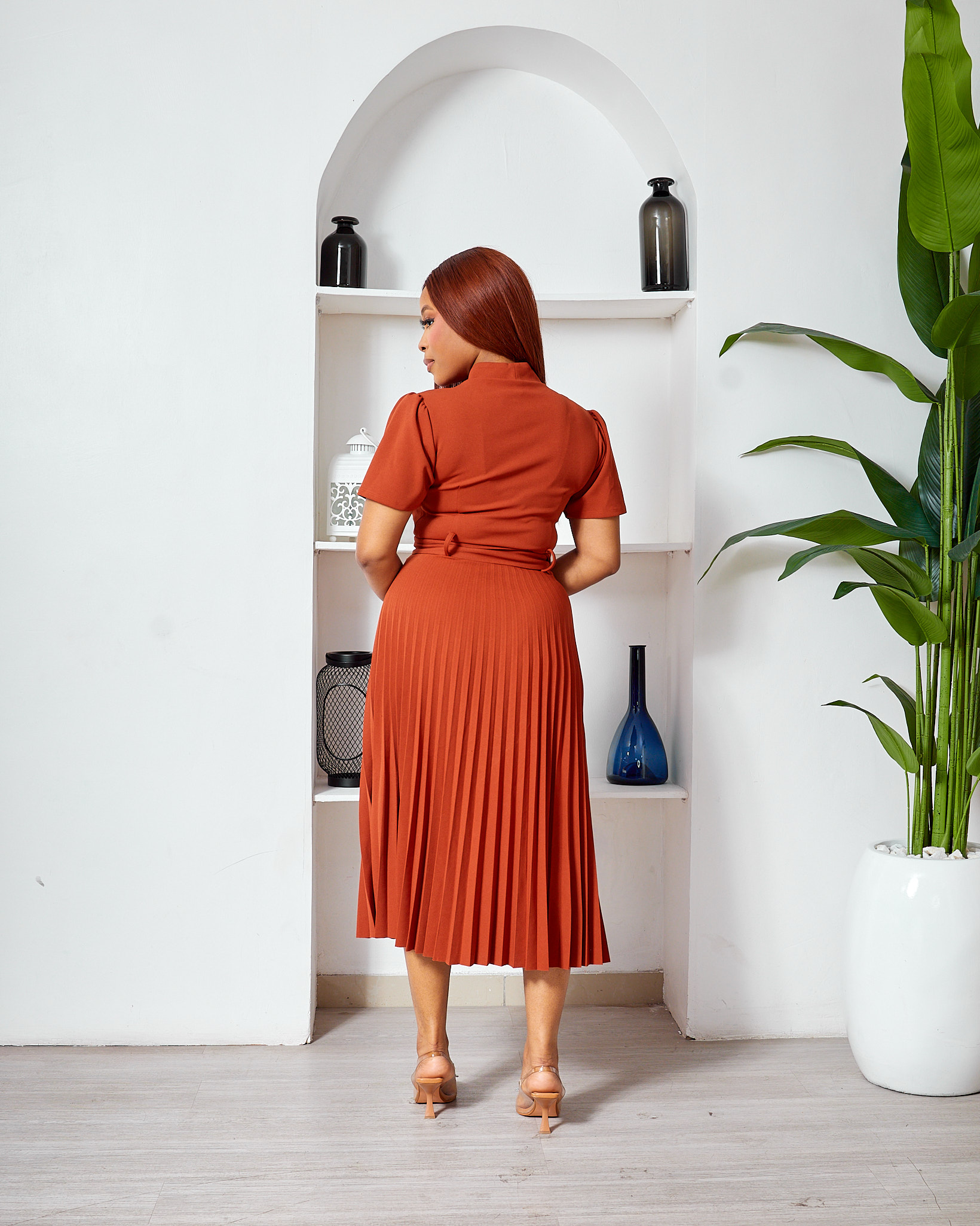 MONS RUST VNECK BELTED PLEATED DRESS – Posh Apparels