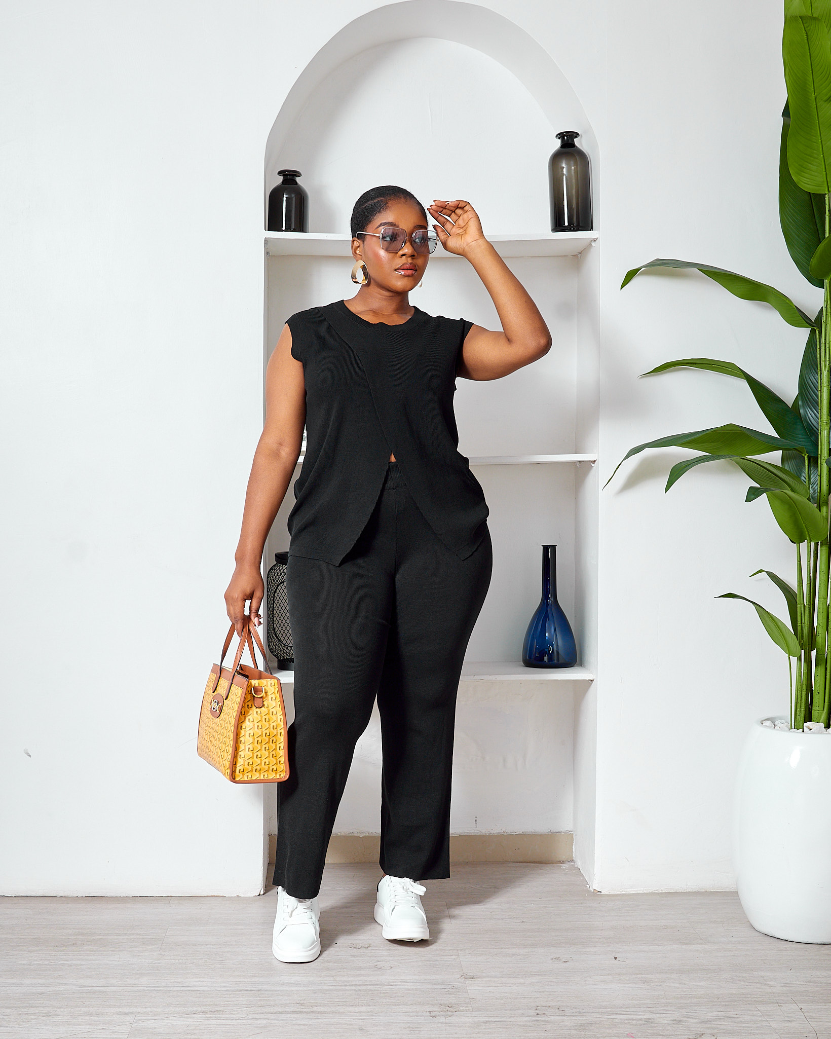 BLACK KNIT FRONT SPLIT PANT SUIT SET – Posh Apparels